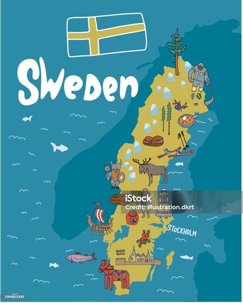 관광 명소와 스웨덴지도의 손으로 그린 그림 여행 컨셉입니다 N스웨덴 스톡홀름 스칸디나비아 개체 랜드마크 벡터 낙서 맵 일러스트 세트 스웨덴에 대한 스톡 벡터 아트 및 기타