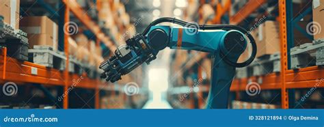 Robotic Arm In A Warehouse Handling Packages Demonstrating Logistics Automation And Warehouse