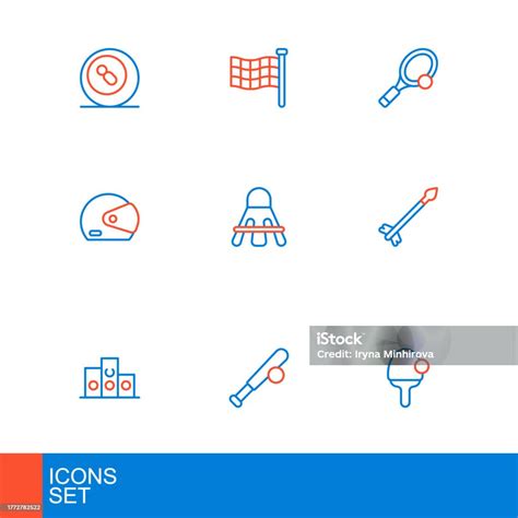 세트 라인 라켓 공과 야구 방망이 스포츠 우승자 연단 중세 화살표 레이싱 헬멧 배드민턴 셔틀콕 테니스 라켓 및 체크 무늬 깃발 아이콘 벡터 경쟁에 대한 스톡 벡터 아트 및