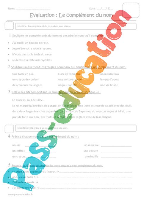 Complément du nom Cm1 Evaluation Cycle 3 PDF à imprimer
