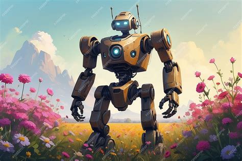 Premium Photo An Ancient Robot Standing In The Field Of Flowers
