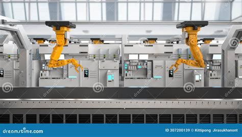Automation Industry Concept With Robot Assembly Line In Factory Stock Illustration