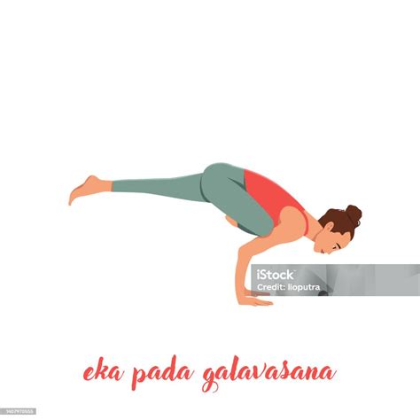 요가 필라테스 피트니스 훈련 아사나 에카 파다 갈라바사나 플라잉 비둘기 또는 날으는 까마귀 포즈 원 레그 드 밸런스를하는 여성