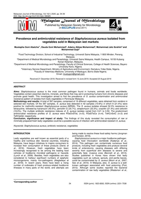 Pdf Prevalence And Antimicrobial Resistance Of Staphylococcus Aureus Isolated From Vegetables