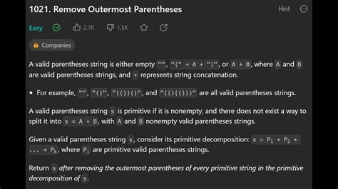 1021 Leetcode Problem Remove Outermost Paranthesis Youtube