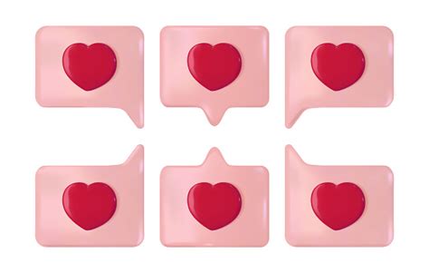 사랑 메시지 채팅 알림 아이콘 벡터 버튼 Ui 요소와 같은 소셜 미디어 댓글 게시물로 빨간 심장이 있는 3d 말풍선 3차원