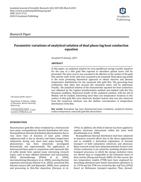 Pdf Parametric Variations Of Analytical Solution Of Dual Phase Lag Heat Conduction Equation