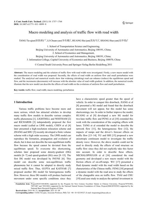 Pdf Macro Modeling And Analysis Of Traffic Flow With Road Width