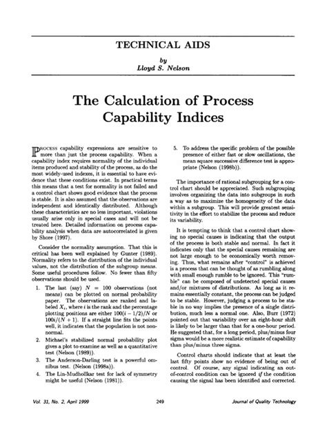 The Calculation Of Process Capability Indices 1999 Pdf Standard Deviation Teaching