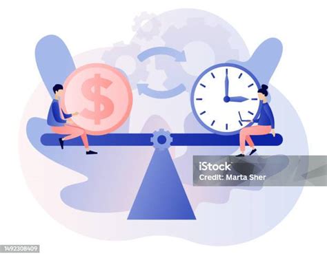 시간은 돈입니다 사업 개념입니다 시간 관리 저울 계량에 따른 돈과 시간의 균형 현대 평면 만화 스타일입니다 흰색 배경에 벡터 그림 가격에 대한 스톡 벡터 아트 및 기타