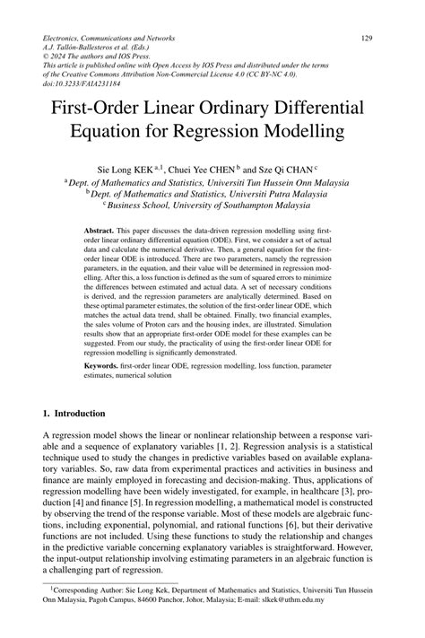 Pdf First Order Linear Ordinary Differential Equation For Regression Modelling
