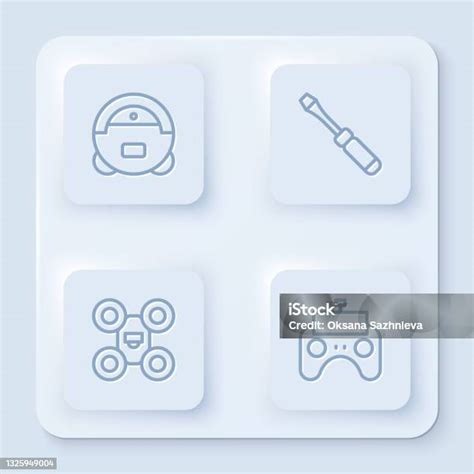 세트 라인 로봇 진공 청소기 드라이버 무인 항공기 및 원격 제어 흰색 정사각형 버튼 벡터 가사 집안일에 대한 스톡 벡터 아트 및 기타 이미지 Istock
