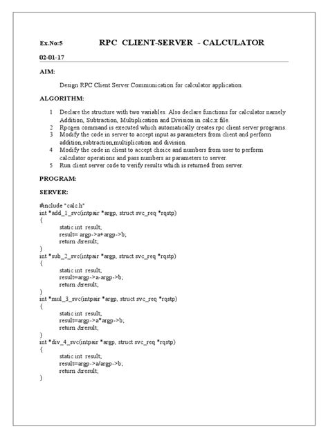 rpc client server for calculator program pdf client server model parameter computer