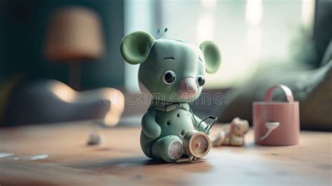 A Green Cute Toy Sitting On Top Of A Wooden Table Ai Generative Image Stock Image Image Of
