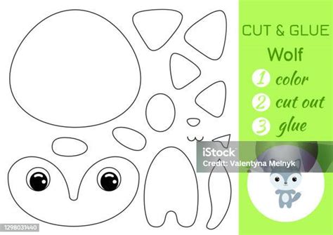 색칠 공부 는 아기 늑대를 잘라 접착제 유치원 어린이를위한 교육 종이 게임 워크시트를 잘라내고 붙여넣습니다 종이에 색상 절단 부품 및 접착제 벡터 그림입니다 0명에 대한