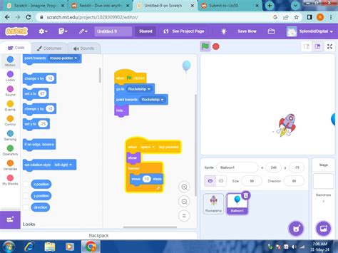 Scratch How To Modify So As To Make The Balloon Go To Edge While In The Direction Of Rocketship