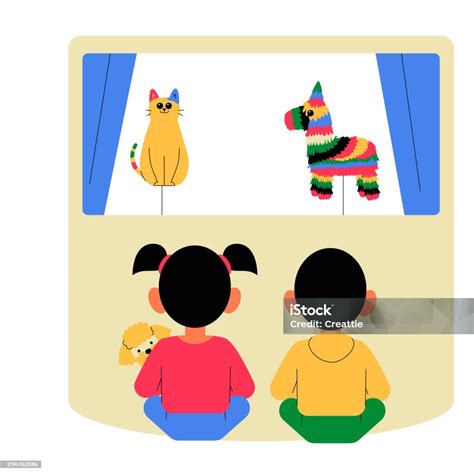 엔터테인먼트 창의성 및 스토리 텔링을 상징하는 평면 벡터 일러스트 레이 션에서 인형극을 보는 어린이 흰색 배경에 고립 된