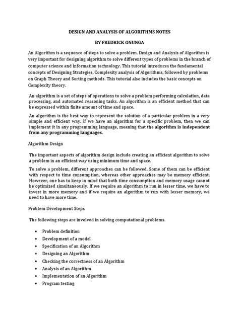 Design And Analysis Of Algorithms Notes Fred Pdf Computational