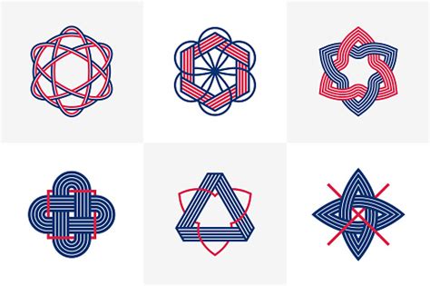 추상 기하학적 선형 기호 벡터 세트 로고 생성을위한 그래픽 디자인 요소 얽힌 선 빈티지 스타일 아이콘 컬렉션 개선에 대한 스톡