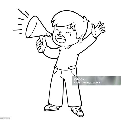 아이들을위한 색칠 공부 소년은 메가 폰을 통해 소리 휴대용 마이크에 대한 스톡 벡터 아트 및 기타 이미지 휴대용 마이크