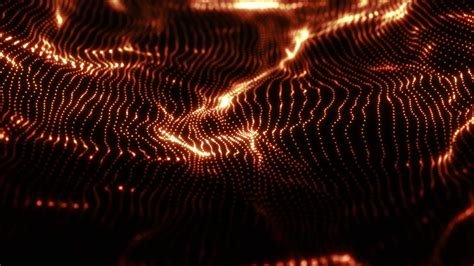 Abstract Orange Futuristic Waves From A Grid Of Particles Lines Glowing Bright Shiny Neon