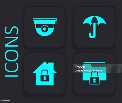 Set Folder And Lock Security Camera Umbrella And House Under Protection Icon Black Square Button