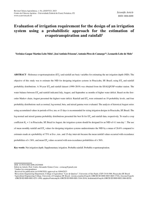 Pdf Evaluation Of Irrigation Requirement For The Design Of An Irrigation System Using A