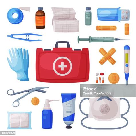 응급 서비스 붕대 장갑 연고 튜브 마스크 온도계 석고 앰프 주사기 집게 플랫 벡터 일러스트레이션을 위한 응급 처치 키트 박스 건강관리와 의술에 대한 스톡 벡터 아트 및 기타