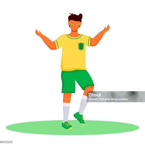 축구 팬 플랫 컬러 벡터 얼굴없는 캐릭터 브라질 국기 색을 가진 서있는 십대는 뺨에 스트립 스포츠웨어 에 라틴 아메리카 소년 웹 디자인 및 애니메이션에 대 한 고립 된 만화