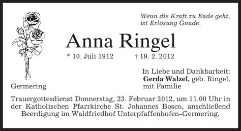 Traueranzeigen Von Anna Ringel Trauermerkurde