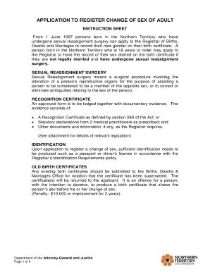 Fillable Online Nt Gov Register Change Of Sex Of Adult Application NTGOVAU Nt Gov Fax Email