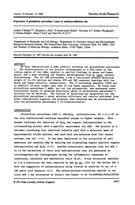 Pdf Expression Of Glutathione Peroxidase I Gene In Selenium Deficient Rats