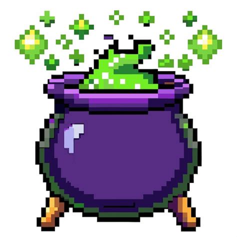 Pixel Art Magic Cauldron With Green Potion And Sparkling Bubbles