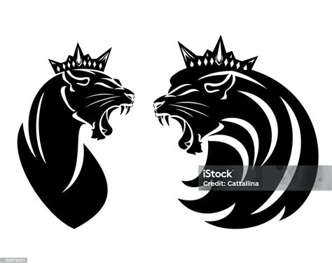 로얄 크라운과 퀸 라이오네스 헤드 블랙 벡터 디자인 세트를 착용한 라이온 킹 암사자에 대한 스톡 벡터 아트 및 기타 이미지 암사자 로고 측면 보기 Istock