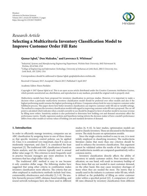 pdf selecting a multicriteria inventory classification model