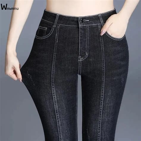 여성용 우아한 청바지 스키니 하이 웨이스트 플레어 청바지 블루 및 블랙 데님 바지 어머니 벨 바텀 팬츠 패션 2022 신상 Aliexpress