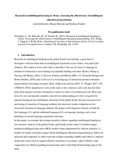 pdf research in multilingual learning in africa assessing the