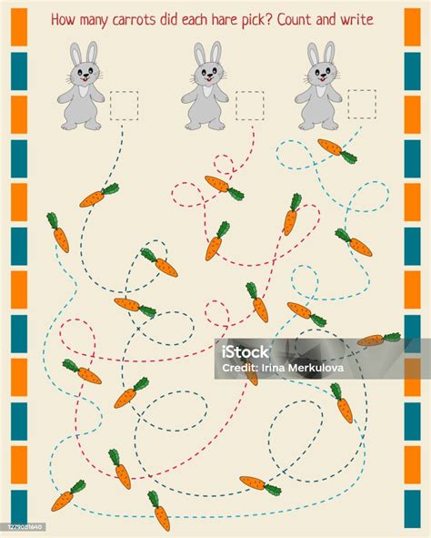 아이들을위한 수학 게임 계산하고 각 토끼가 그 길에 수집 할 얼마나 많은 당근을 적어 0명에 대한 스톡 벡터 아트 및 기타