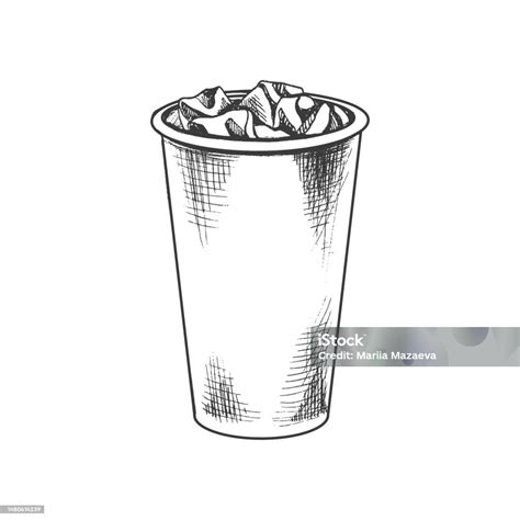 흰색 배경에 분리된 얼음이 있는 콜라 종이컵의 손으로 그린 스케치 패스트 푸드 빈티지 그림입니다 라벨 포장 및 엽서 디자인을위한 요소 0명에 대한 스톡 벡터 아트 및 기타