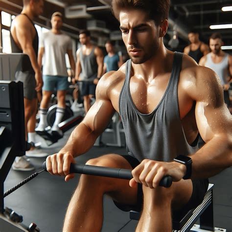 Gym Member Using Rowing Machine Premium Ai Generated Image