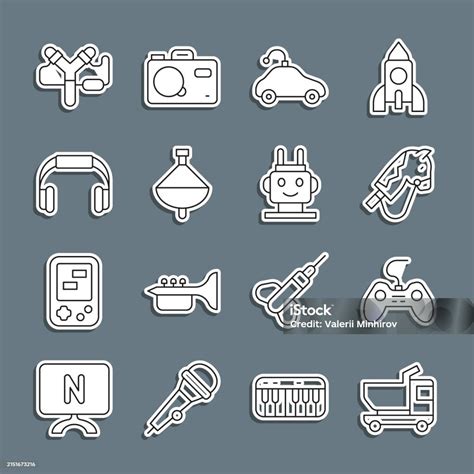 세트 라인 장난감 트럭 게임 패드 말 무선 제어 자동차 장난감 소용돌이 헤드폰 새총 및 로봇 아이콘 벡터 Brand Name Video Game에 대한 스톡 벡터 아트 및