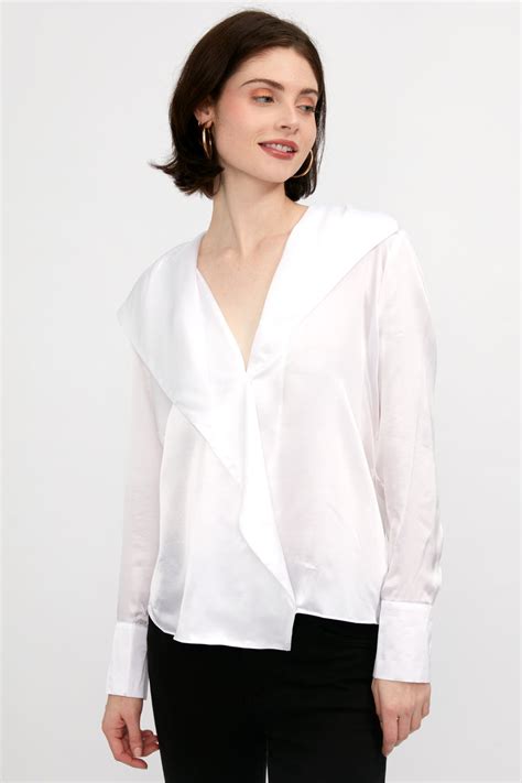 Jaslynn Silk Open Collar Blouse In White T Boutique