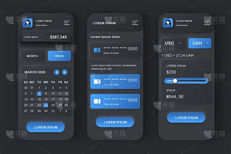 金融服务独特的neumorphic设计工具包的移动应用程序。在线银行屏幕与图表和金融分析。财务管理u素材 花瓣网