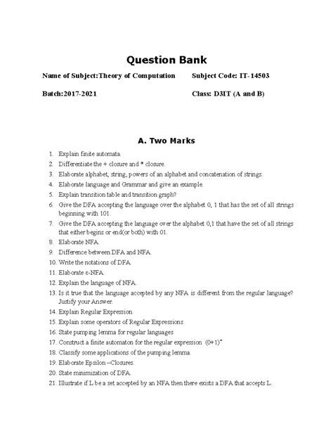 Theory Of Computation It 14503 Question Bank Name Of Subjecttheory Of Computation Subject