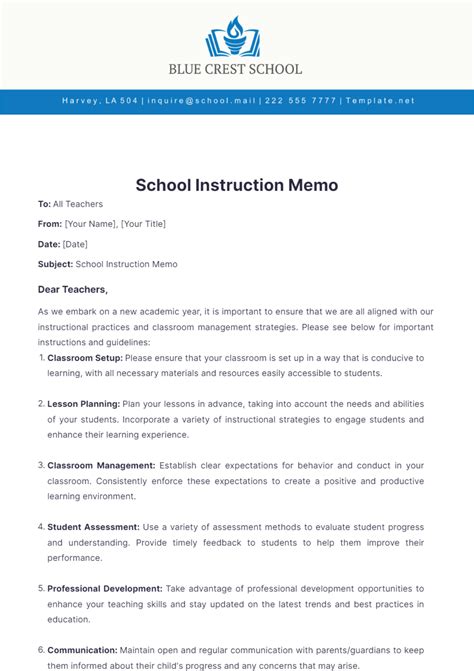 Free School Instruction Memo Template To Edit Online