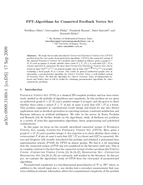 Pdf Fpt Algorithms For Connected Feedback Vertex Set Somnath Sikdar