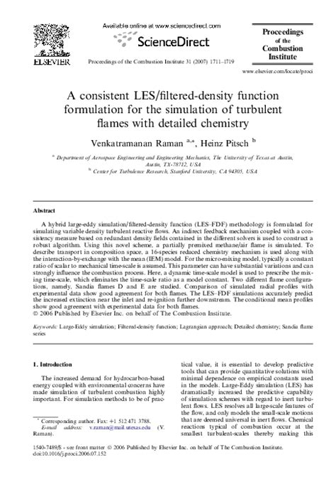 Pdf A Consistent Lesfiltered Density Function Formulation For The Simulation Of Turbulent