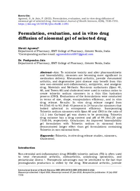 Pdf Formulation Evaluation And In Vitro Drug Diffusion Of Niosomal Gel Of Selected Drug