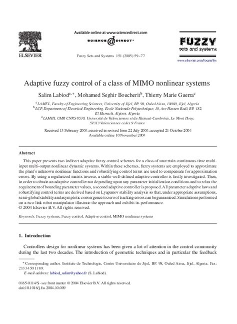 Pdf Adaptive Fuzzy Control Of A Class Of Mimo Nonlinear Systems