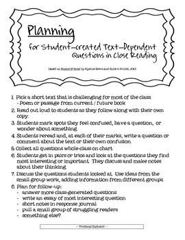 Close Reading Text Dependent Planning Close Reading Text Dependent Questions Reading